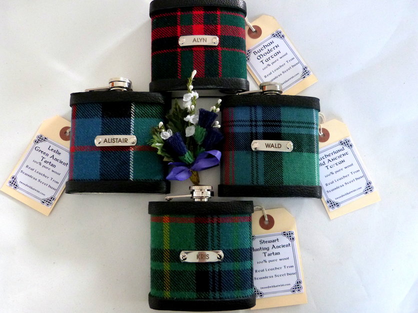 Custom Tartan hip flasks with name and match wedding kilt | Tweed with ...