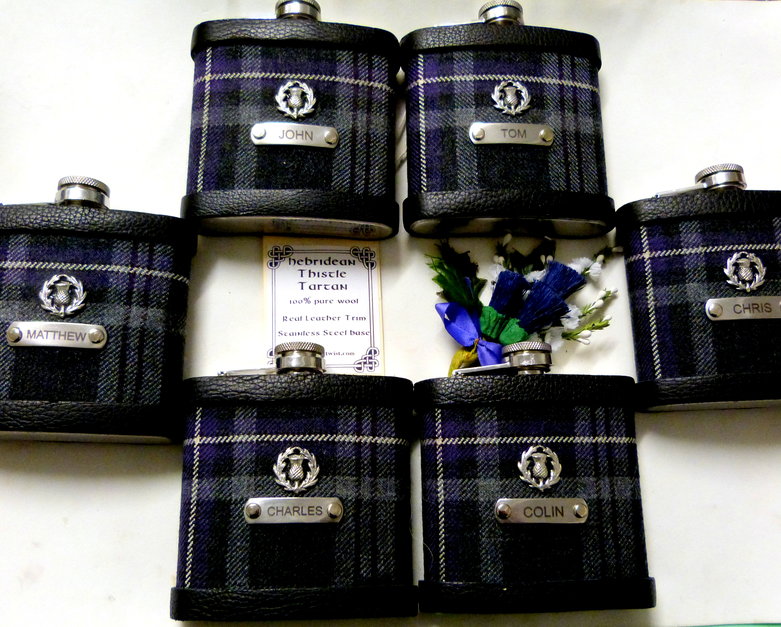 Tartan hip flasks with name and thistle match wedding kilt | Tweed with ...